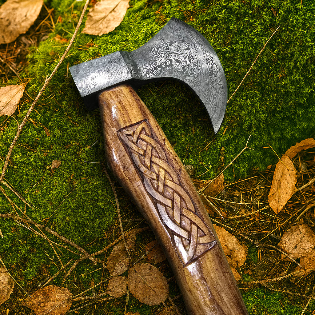 The Knotbearer Axe – Hand-Forged Damascus Viking Axe with Carved Celtic ...