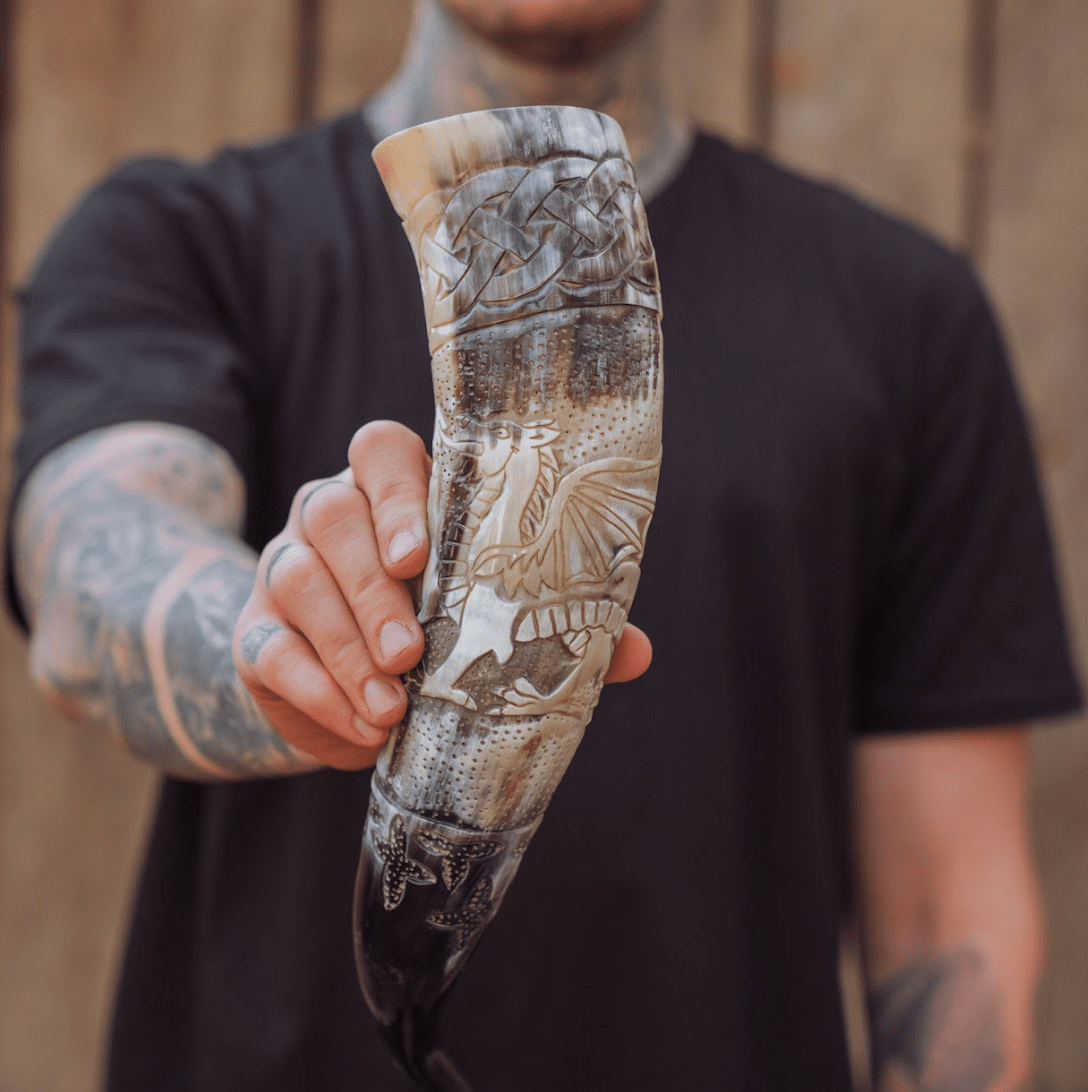 Dragon Viking Horn with Hand Carved Fire Beast Design – Modern Viking